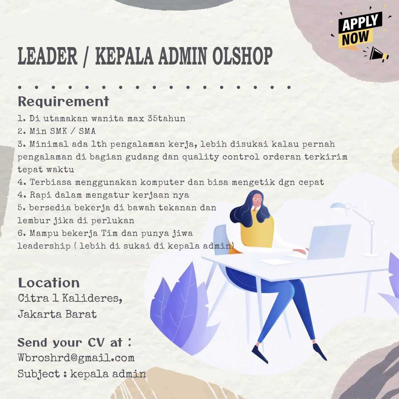 Lowongan LEADER / KEPALA ADMIN OLSHOP di Weibros - Kota Jakarta Barat - Dki Jakarta ...