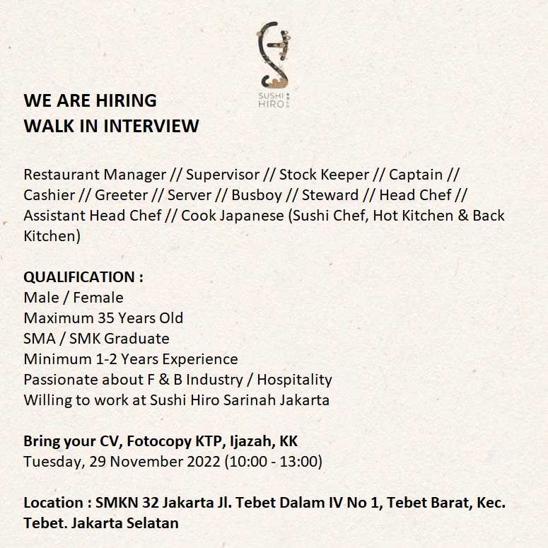 Lowongan Staff Restaurant di PT HIRO GROUP INDONESIA / SUSHI HIRO - Kota Jakarta Utara - Dki ...